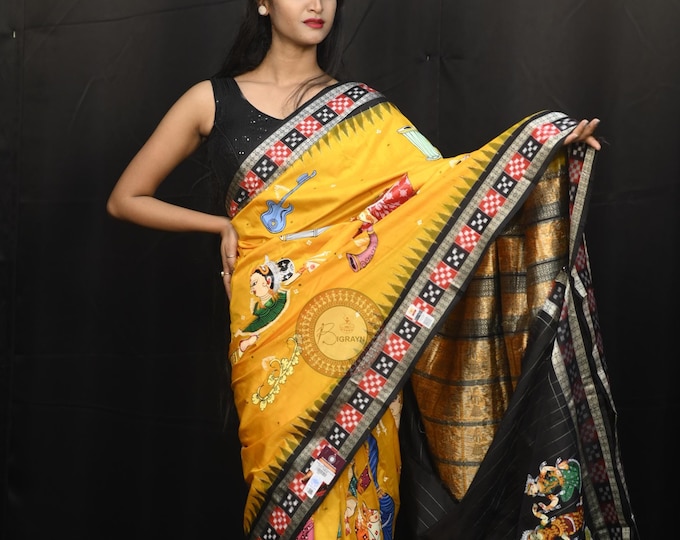 Yellow Black Pasapali Border With Full Body Dancers Pattachitra ...