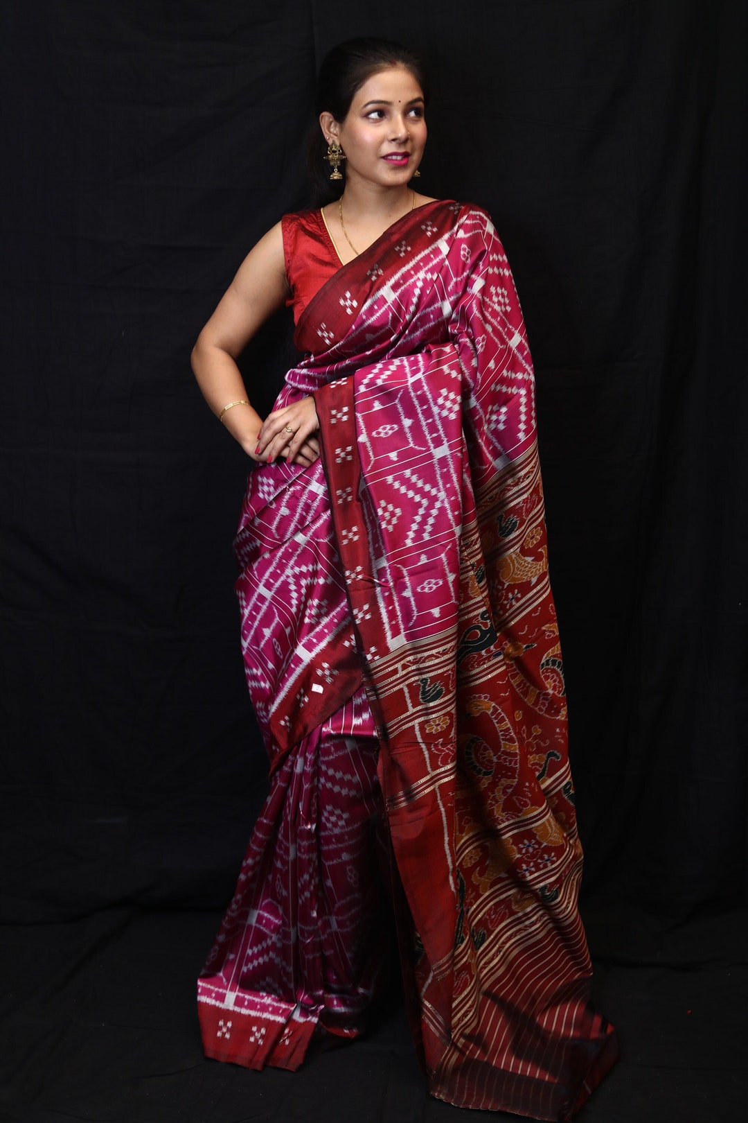 Pink Border Pasapali Peacock Anchal Odisha Ikat Sambalpuri Silk Saree ...