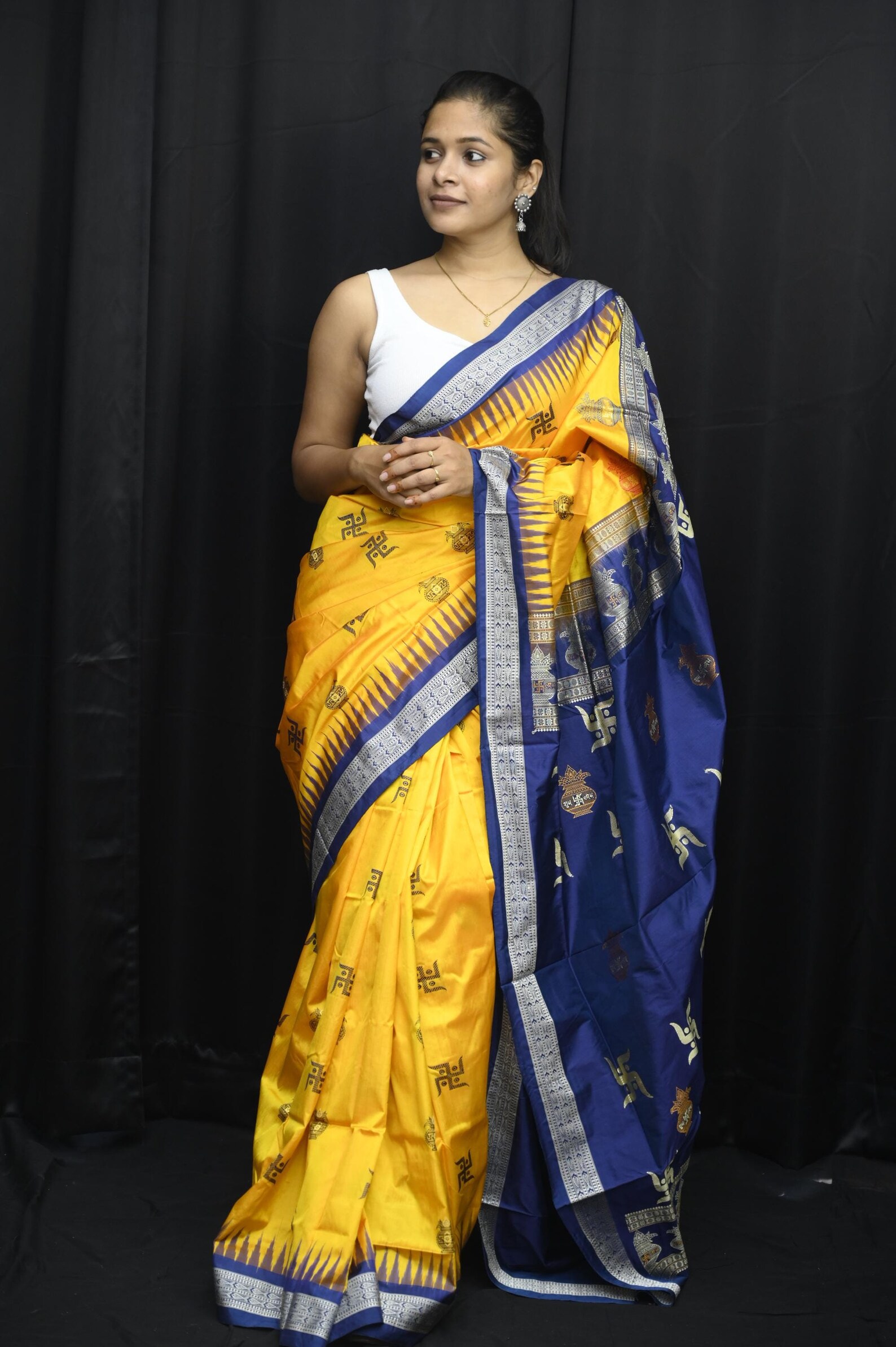 Yellow Blue Swastik Kalash Odisha Ikat Sambalpuri Silk Saree-odisha ...