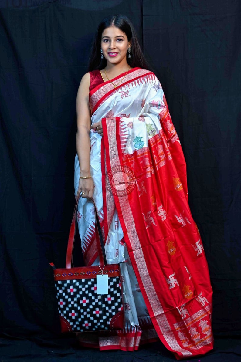 White Red Swastik Kalash Bomkai Silk Saree-odisha Weaves - Etsy