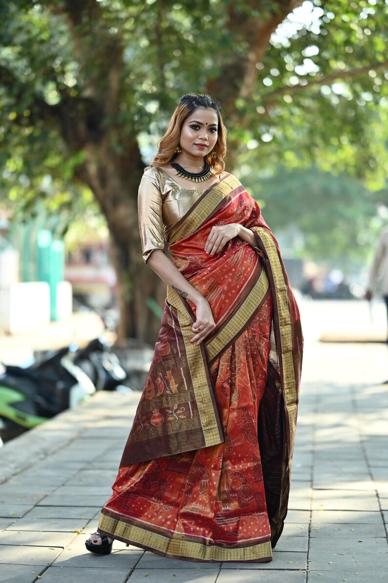 Orange Mehendi Green Mahula Benta Odisha Ikat Sambalpuri Silk Tissue ...
