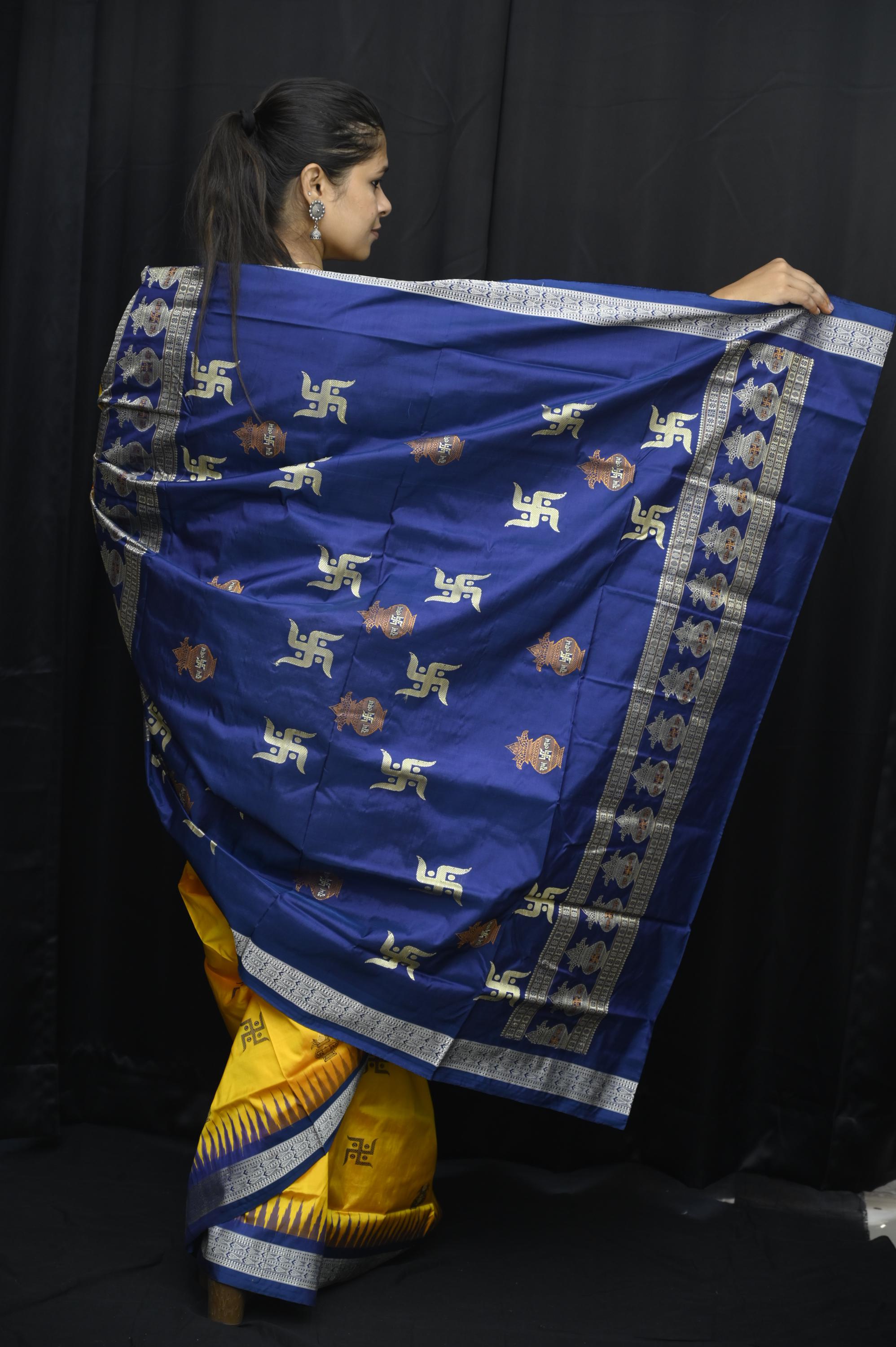Yellow Blue Swastik Kalash Odisha Ikat Sambalpuri Silk Saree-odisha ...