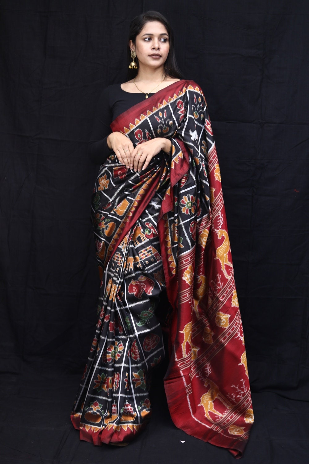 Black Red Odisha Ikat Nabakothi Sambalpuri Silk Saree-odisha Weaves ...