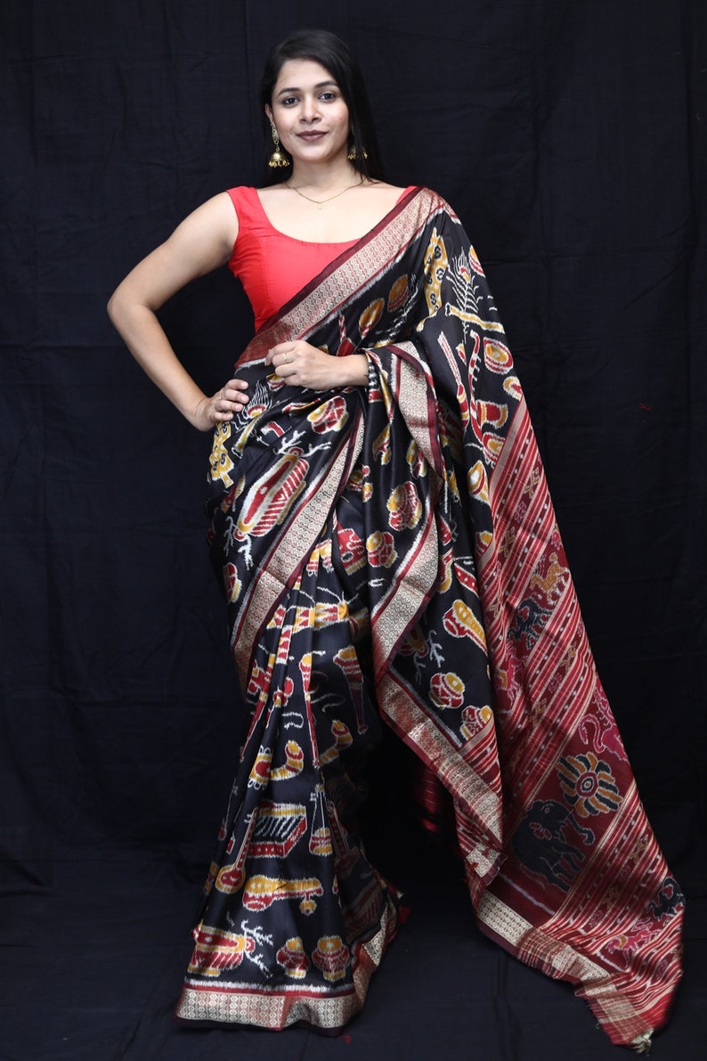 Black Maroon Musical Instruments Odisha Ikat Sambalpuri Silk Saree ...