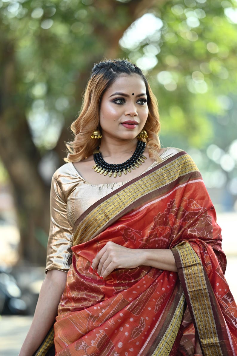 Orange Mehendi Green Mahula Benta Odisha Ikat Sambalpuri Silk Tissue ...