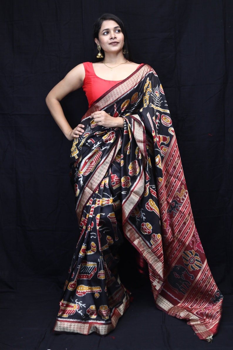 Black Maroon Musical Instruments Odisha Ikat Sambalpuri Silk Saree ...