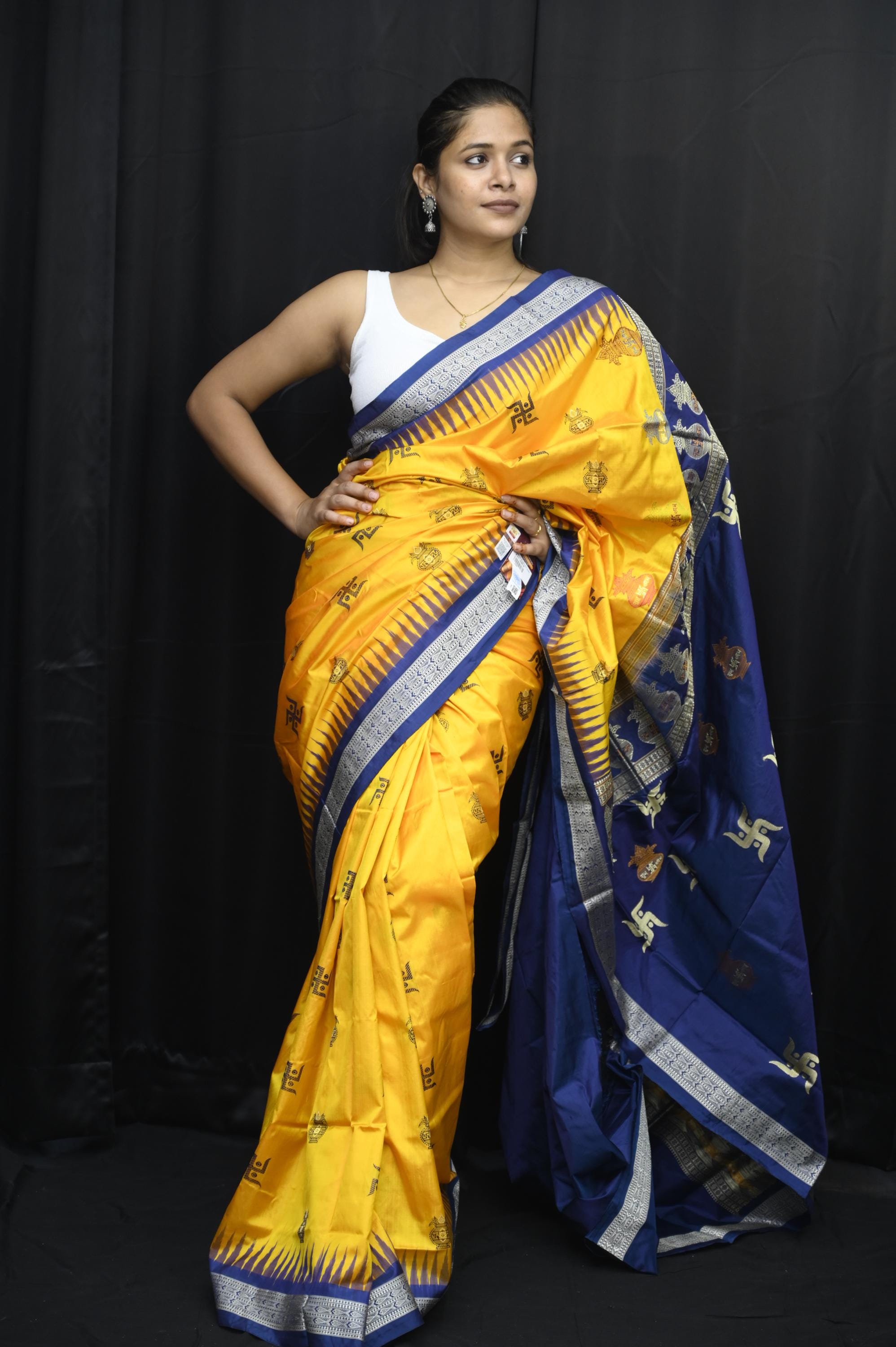 Yellow Blue Swastik Kalash Odisha Ikat Sambalpuri Silk Saree-odisha ...