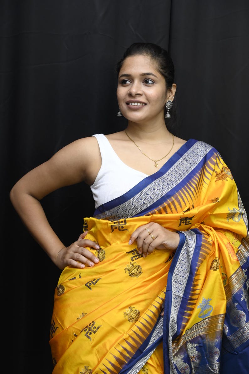 Yellow Blue Swastik Kalash Odisha Ikat Sambalpuri Silk Saree-odisha ...