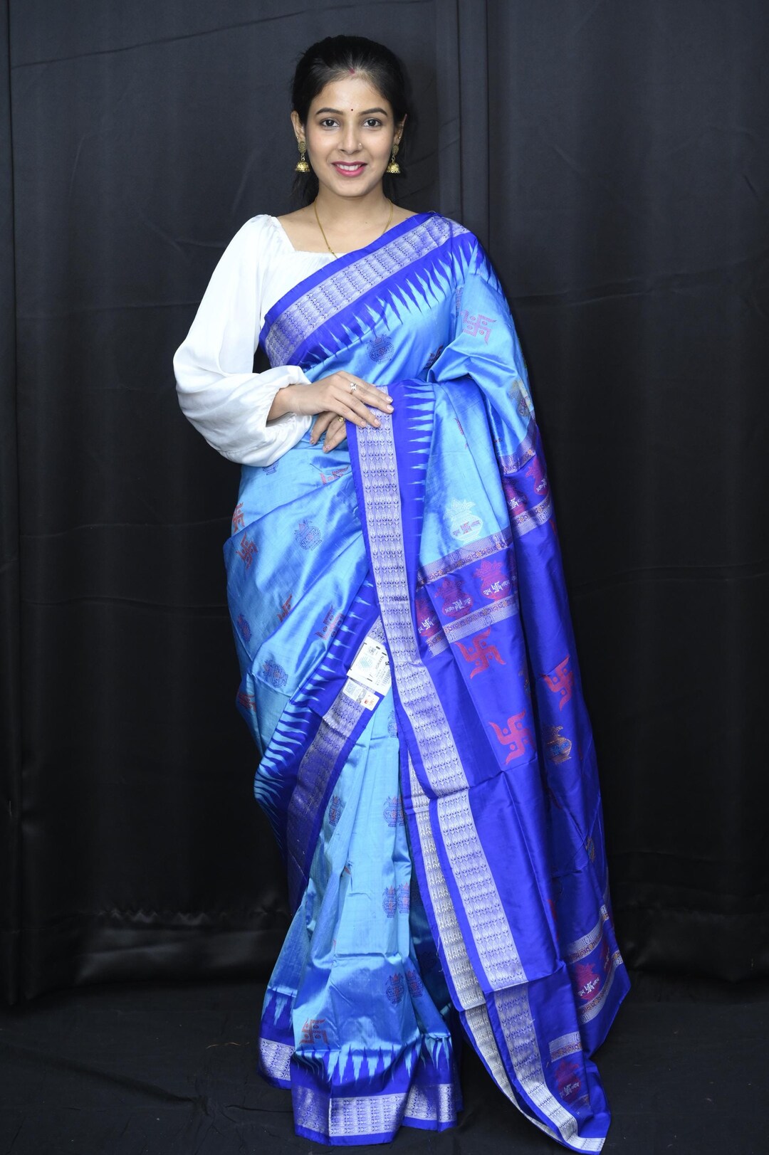 Sky Blue Blue Swastik Kalash Design Odisha Ikat Silk Saree-odisha ...