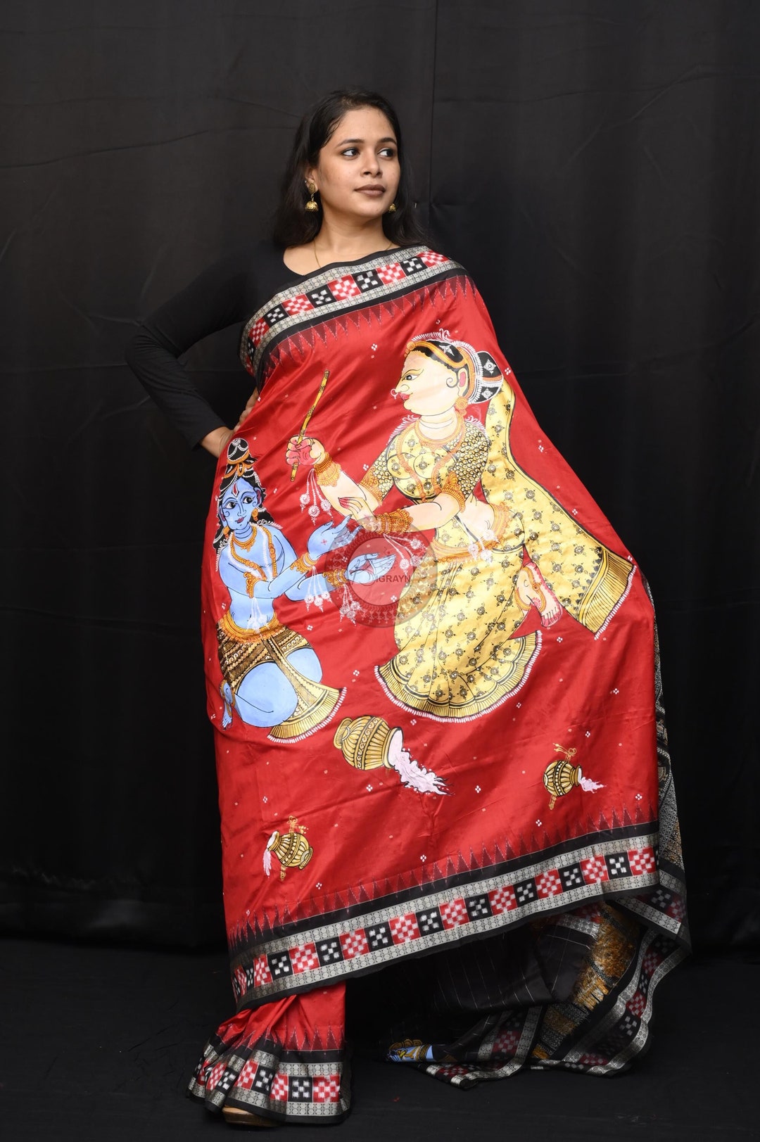 Red Black Nat Khat Kanha Theme Pattachitra Sambalpuri Silk Saree ...