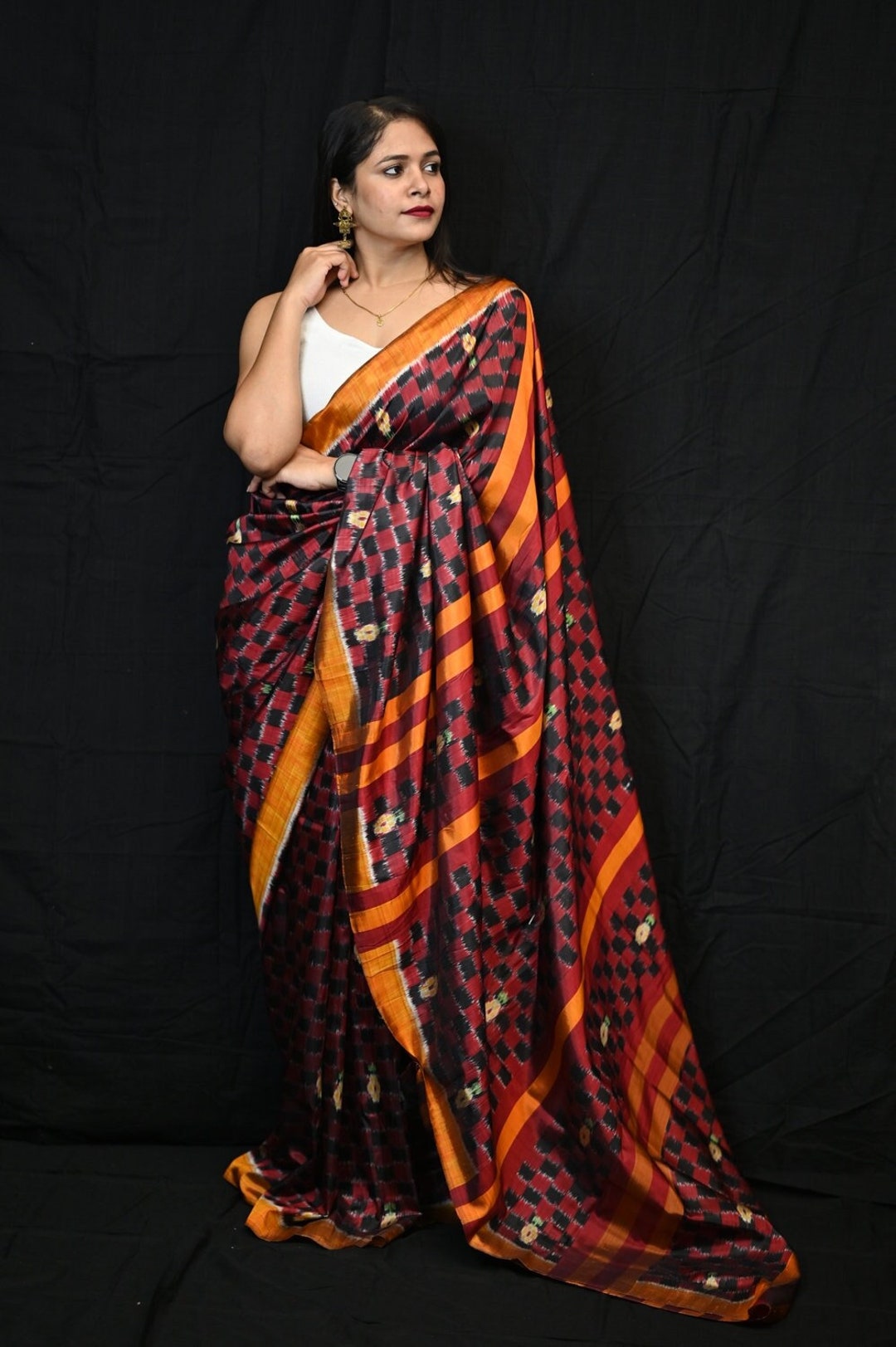 Red Black Squares Flower Odisha Ikat Mulberry Silk Saree-odisha Weaves ...