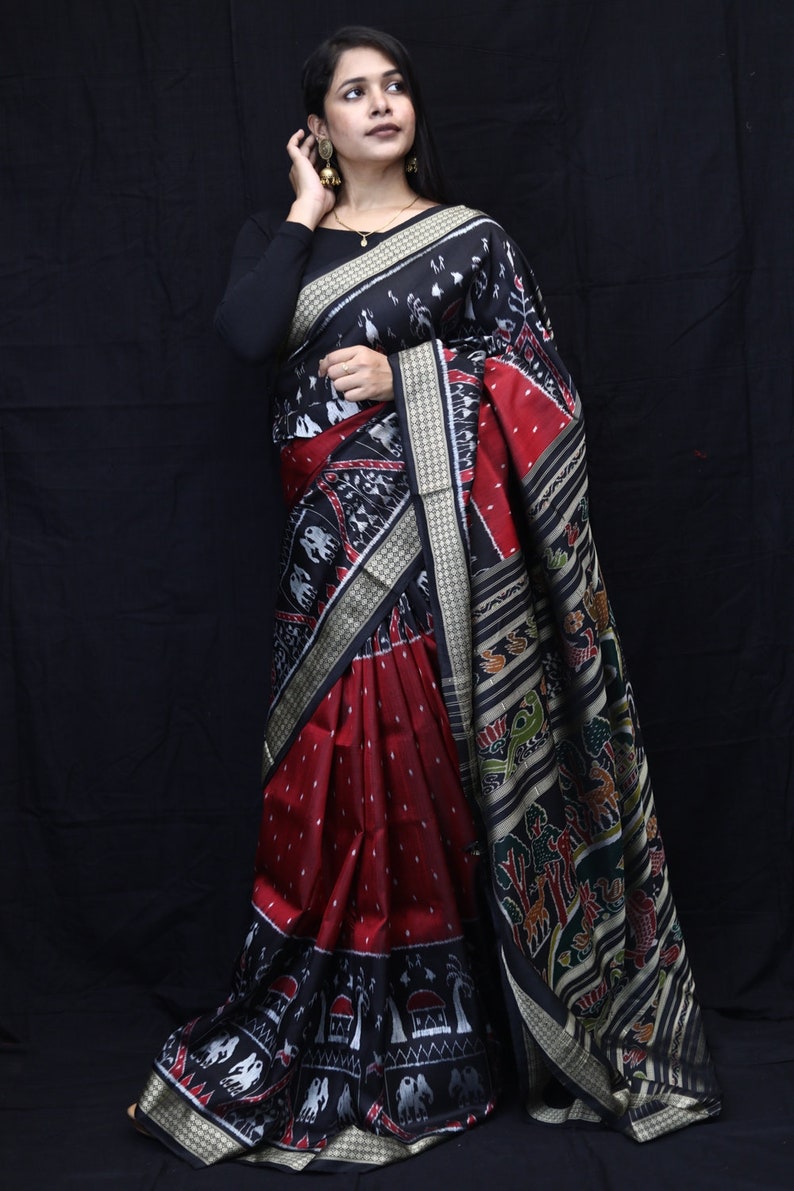 Maroon Black 3D Elephant Tribals Odisha Ikat Sambalpuri Silk Saree ...