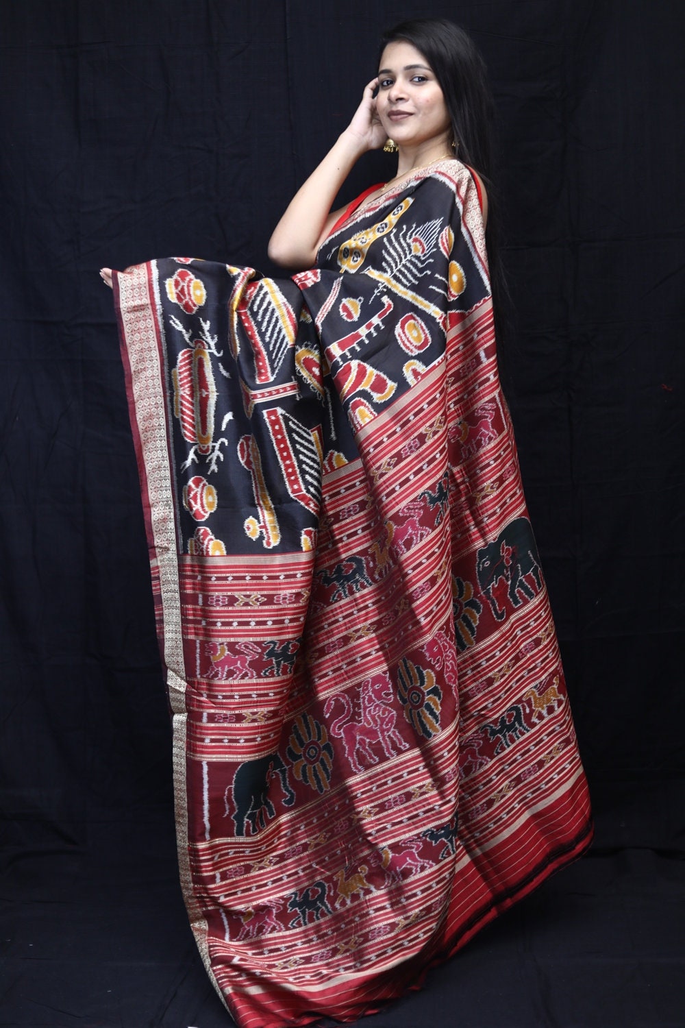 Black Maroon Musical Instruments Odisha Ikat Sambalpuri Silk Saree ...