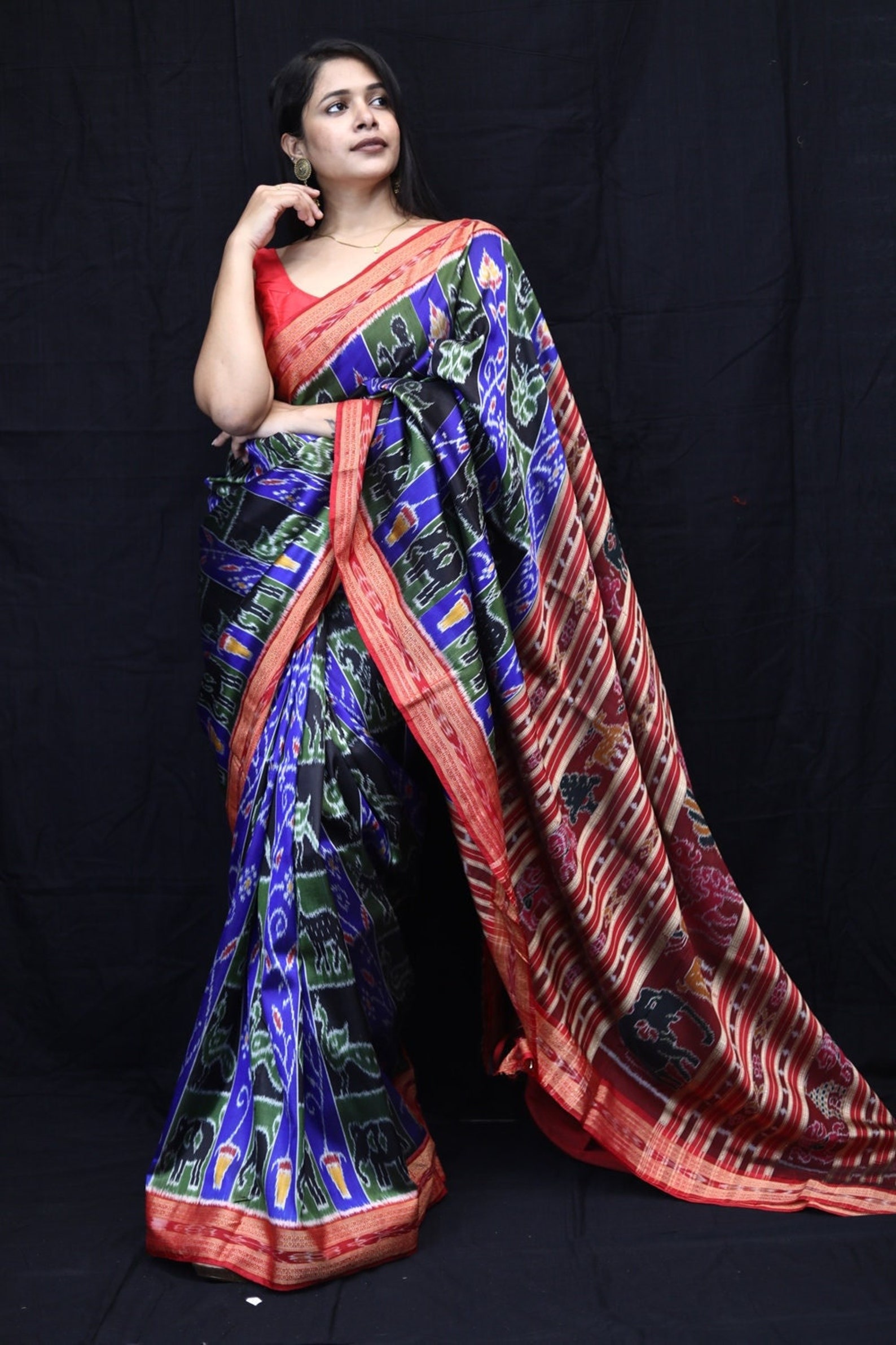 Blue Red Animal Bandha Odisha Ikat Mulberry Silk Saree-odisha Weaves ...