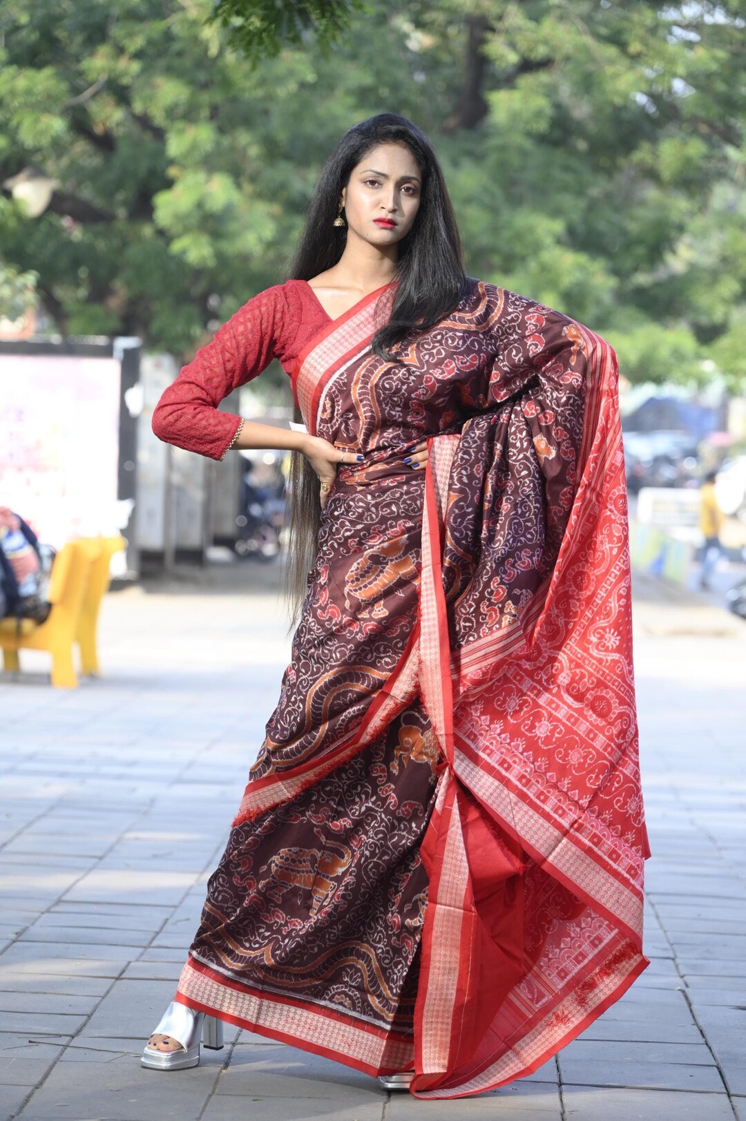 Maroon Red Animal Odisha Ikat Sambaluri Silk Saree-odisha Weaves ...