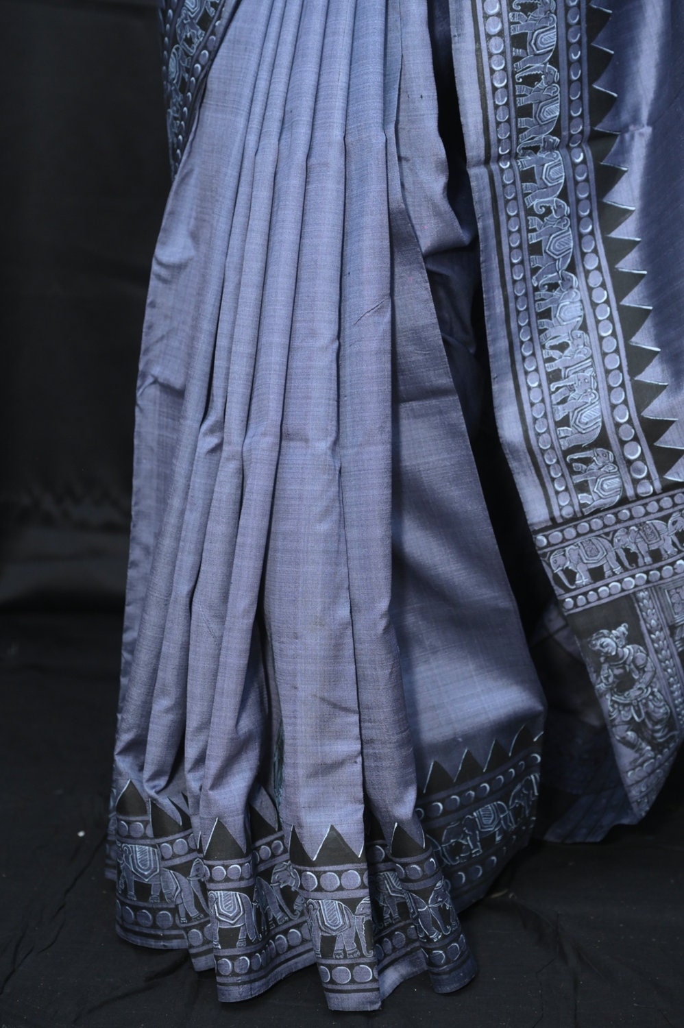 Blackish Grey Konark Chakra Theme Pattachitra Sambalpuri Silk Silk ...