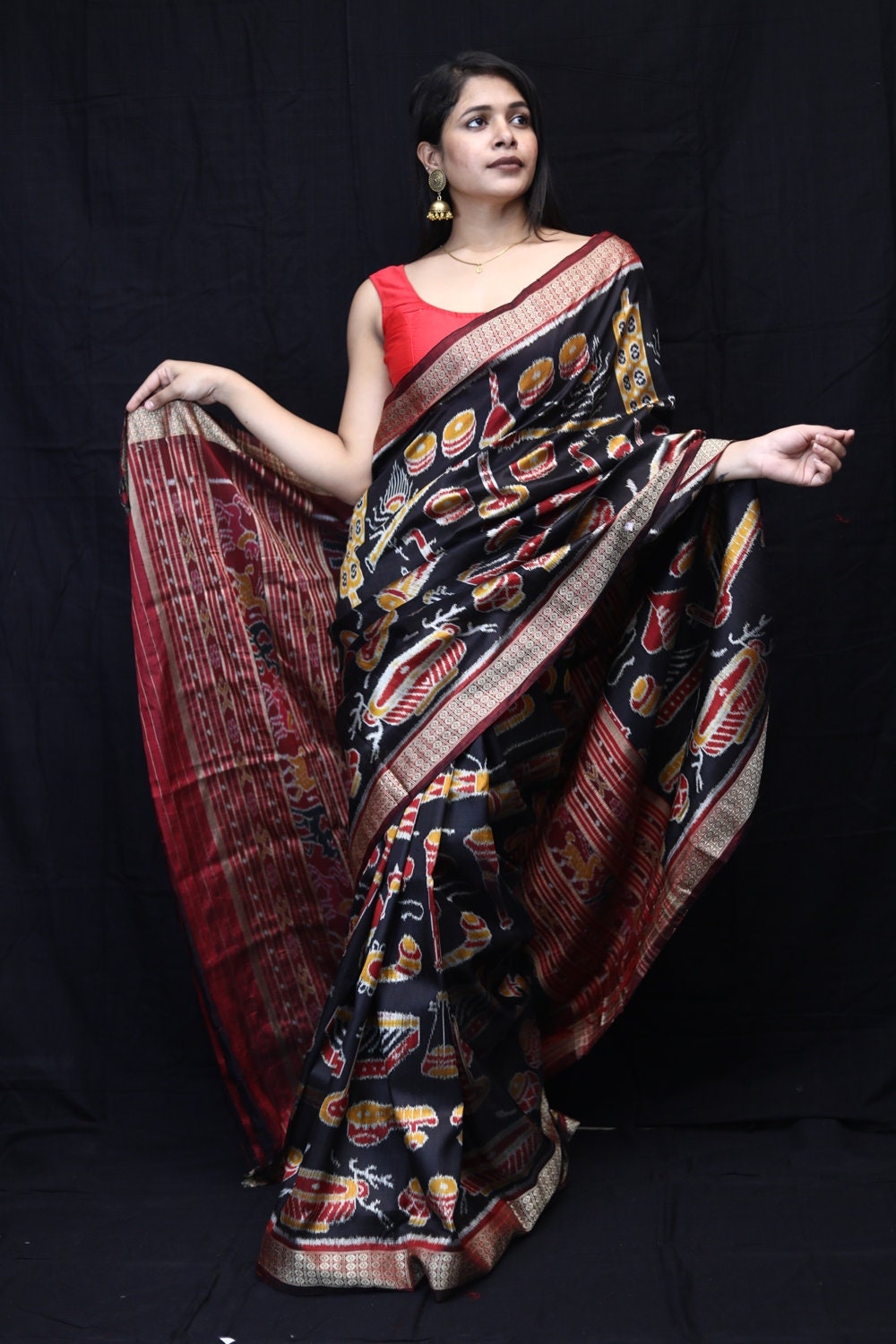 Black Maroon Musical Instruments Odisha Ikat Sambalpuri Silk Saree ...