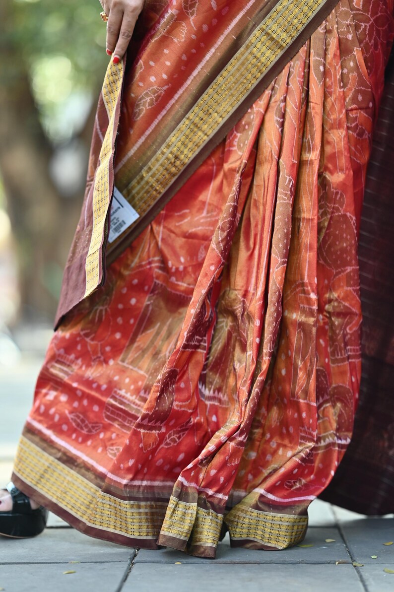Orange Mehendi Green Mahula Benta Odisha Ikat Sambalpuri Silk Tissue ...