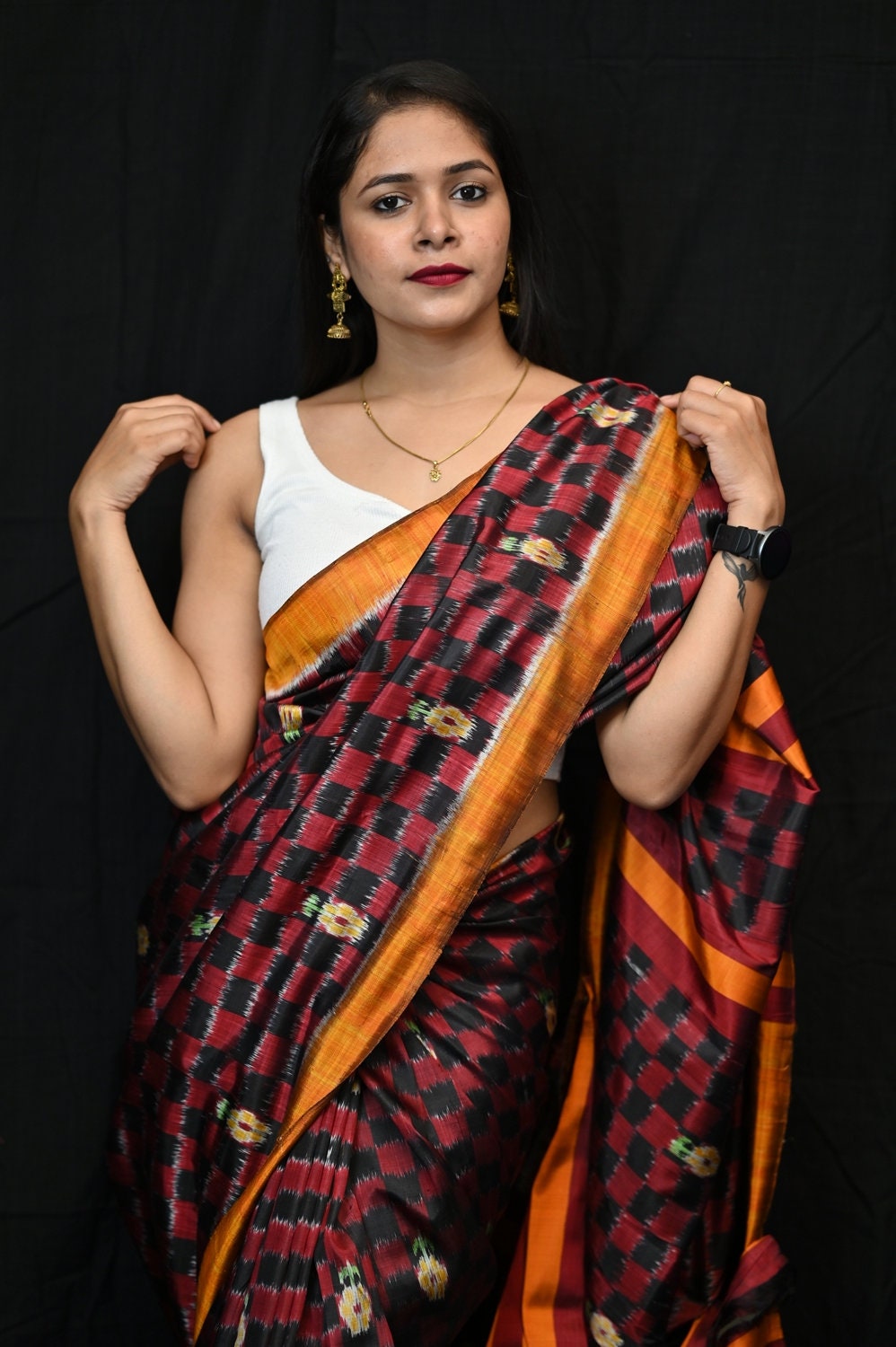 Red Black Squares Flower Odisha Ikat Mulberry Silk Saree-odisha Weaves ...