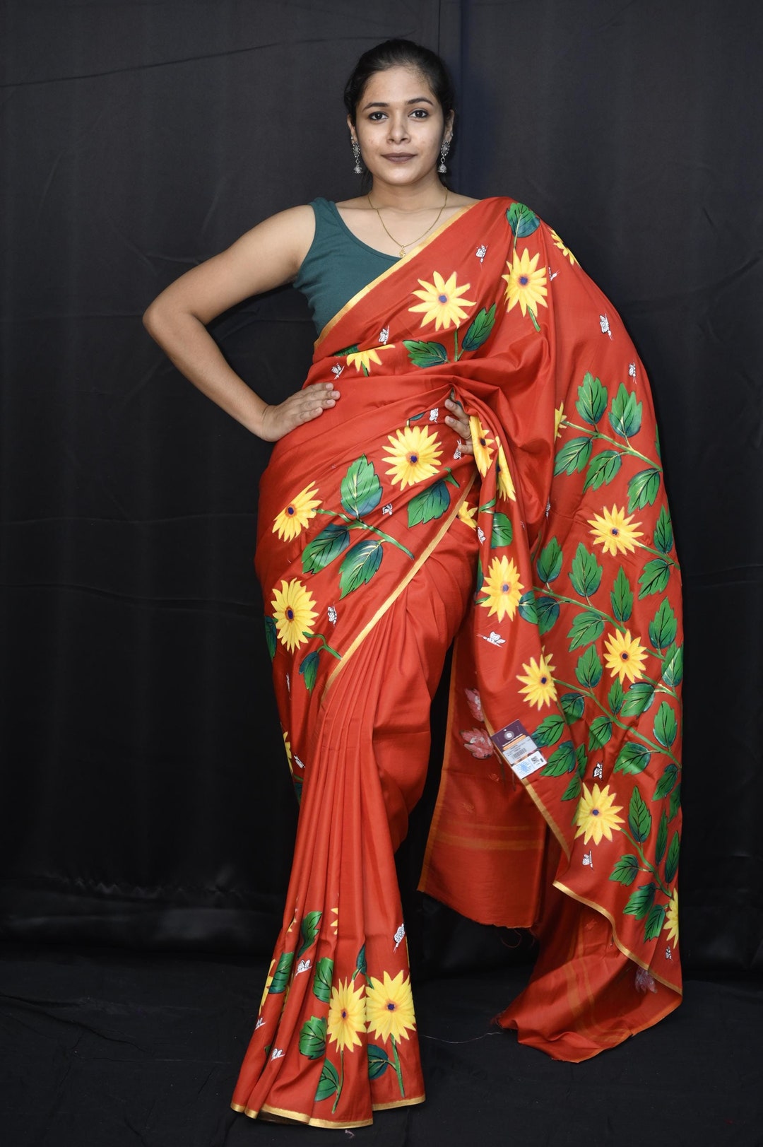 Red Sunflower Tree and Flower Theme Pattachitra Khadi Silk Saree-odisha ...
