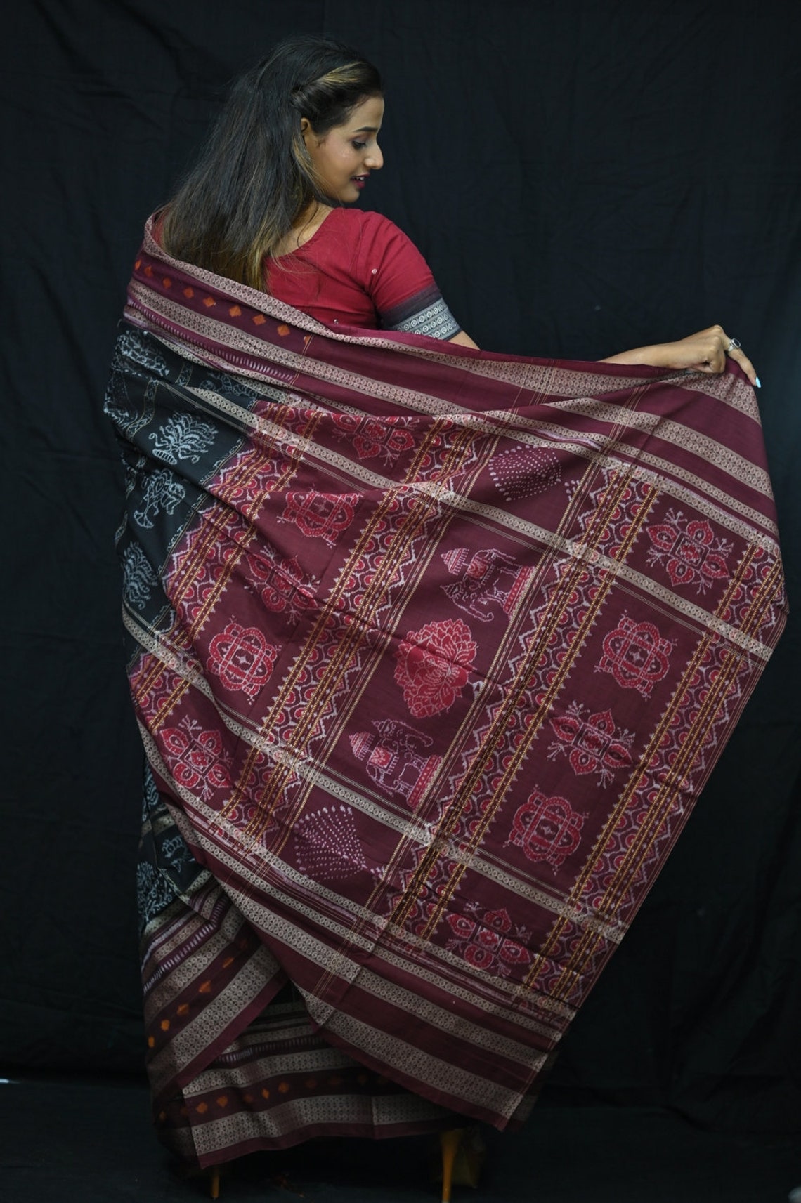 Black Maroon Natural Dye Tree Motifs Odisha Ikat Sambalpuri Cotton ...