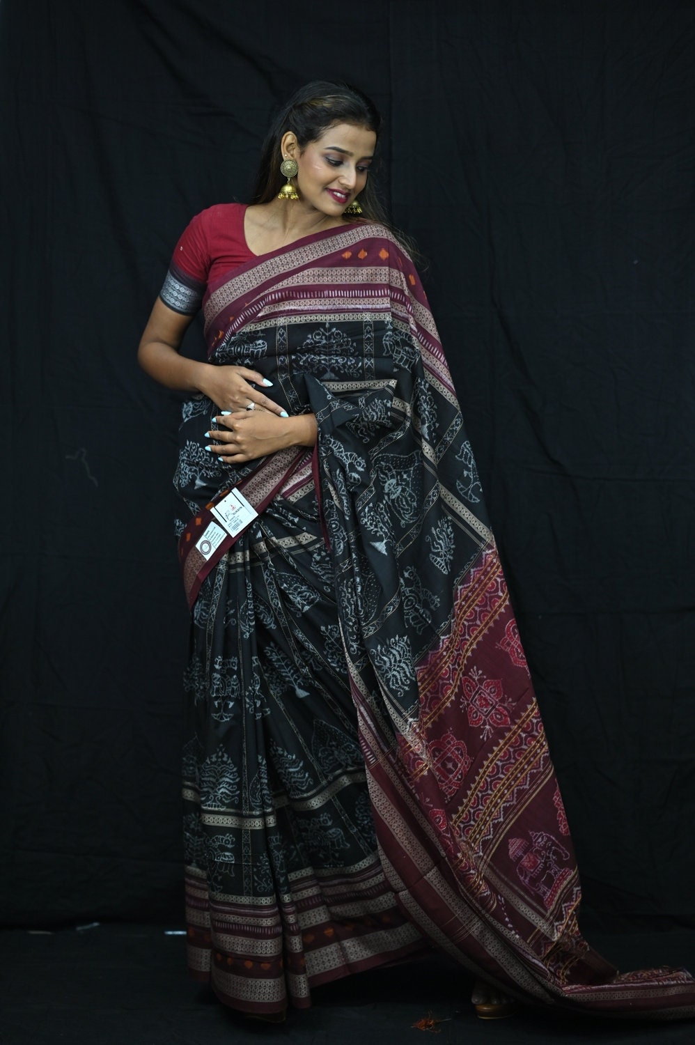 Black Maroon Natural Dye Tree Motifs Odisha Ikat Sambalpuri Cotton ...