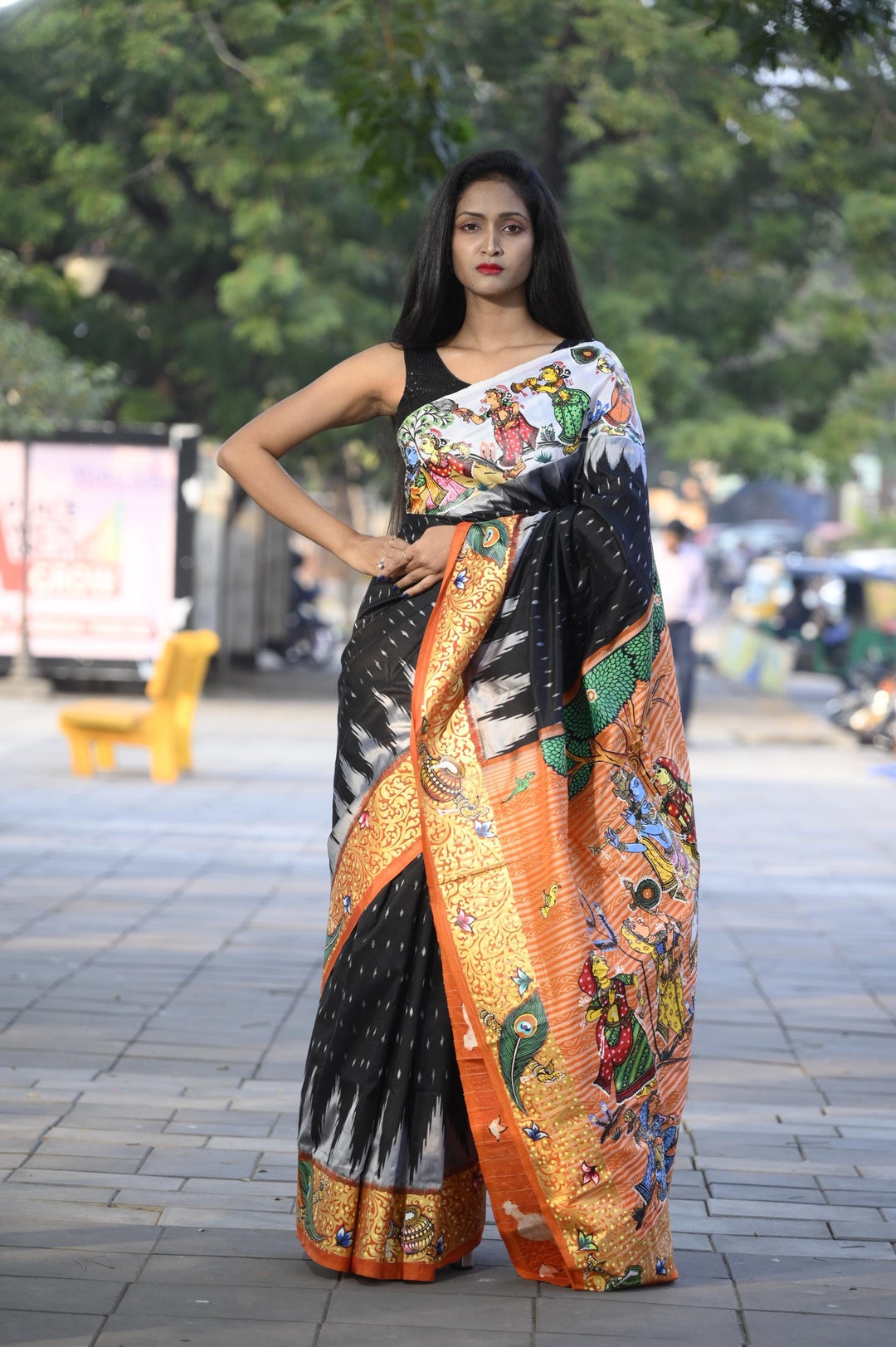 Black Orange Radha Krishna Rasa Theme Handpainted Pattachitra ...