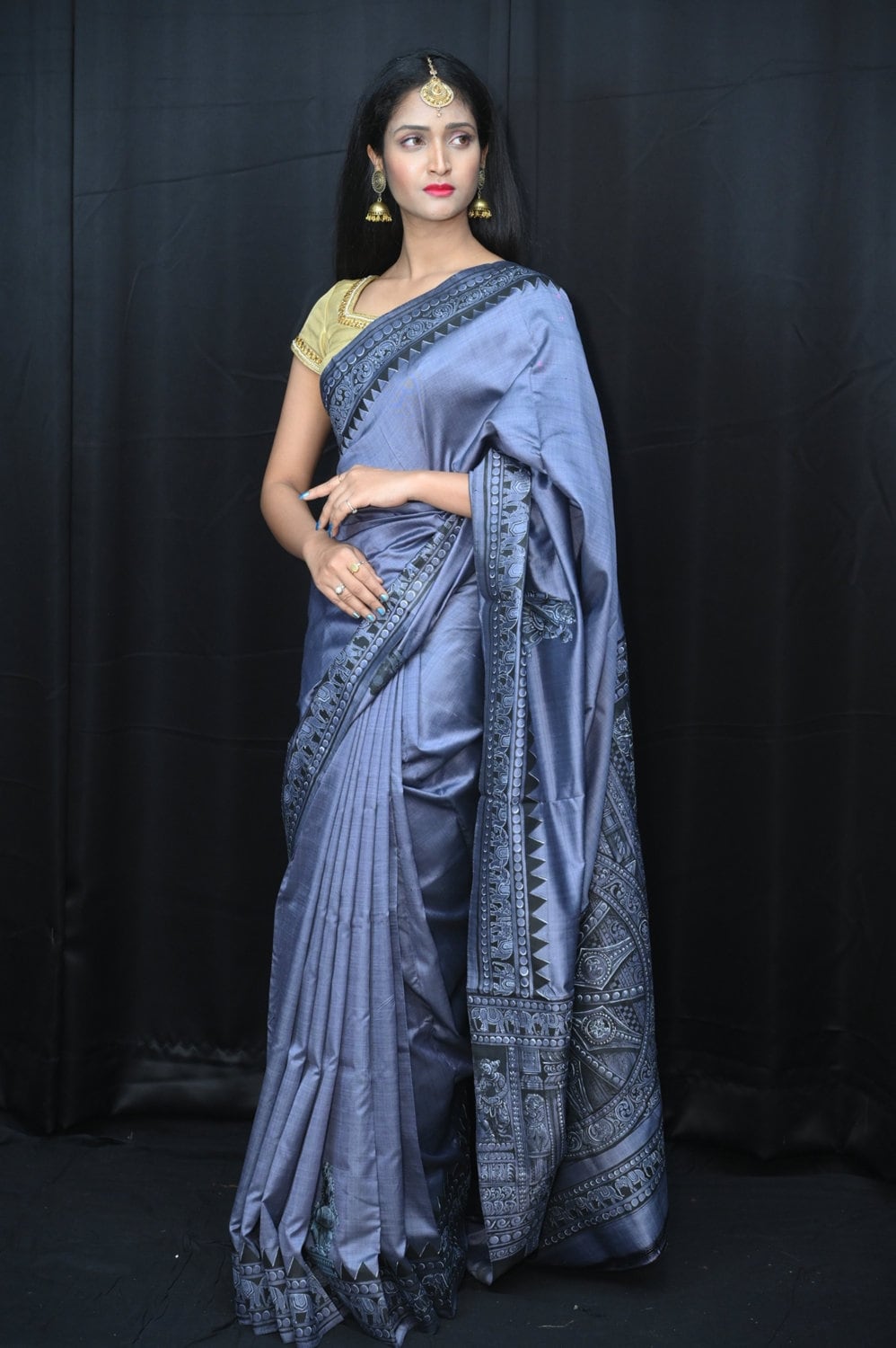 Blackish Grey Konark Chakra Theme Pattachitra Sambalpuri Silk Silk ...