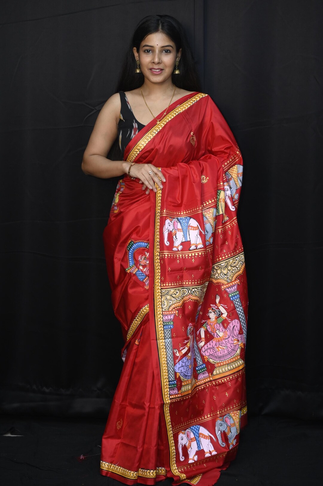 Red Dancer and Elephant Theme Pattachitra Pure Silk Saree-odisha ...