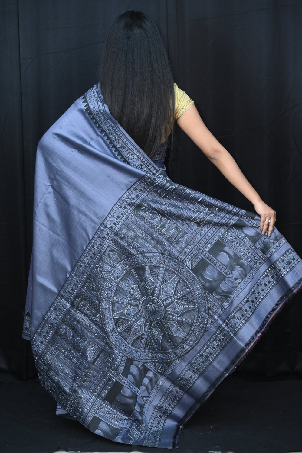Blackish Grey Konark Chakra Theme Pattachitra Sambalpuri Silk Silk ...