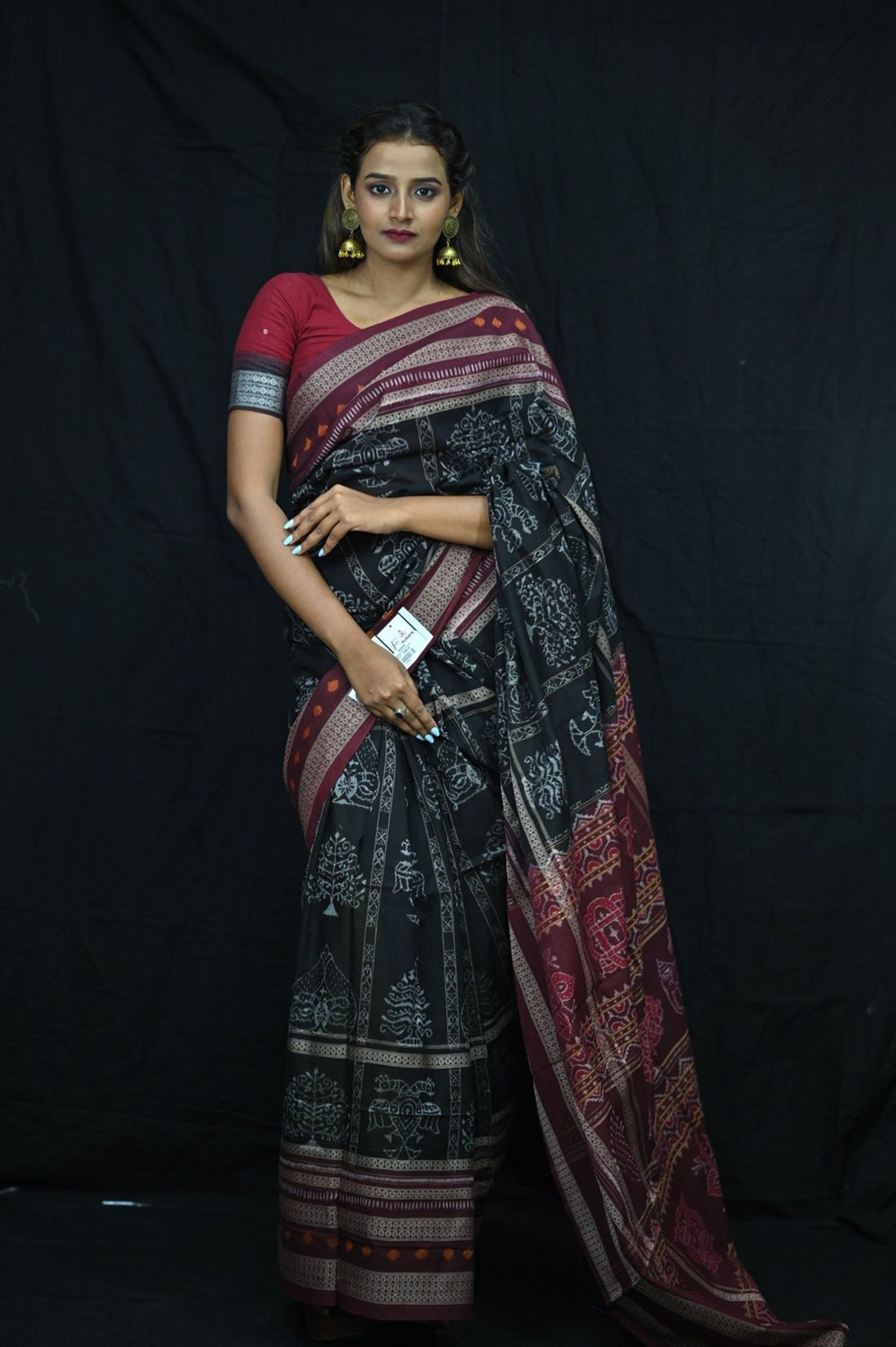 Black Maroon Natural Dye Tree Motifs Odisha Ikat Sambalpuri Cotton ...