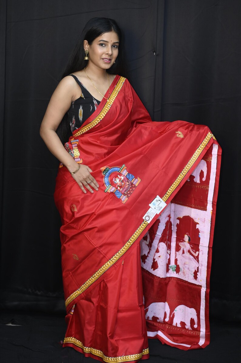 Red Dancer and Elephant Theme Pattachitra Pure Silk Saree-odisha ...