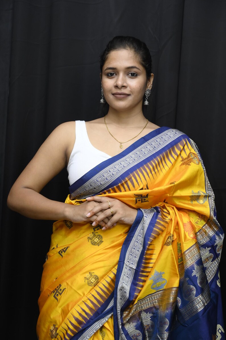 Yellow Blue Swastik Kalash Odisha Ikat Sambalpuri Silk Saree-odisha ...