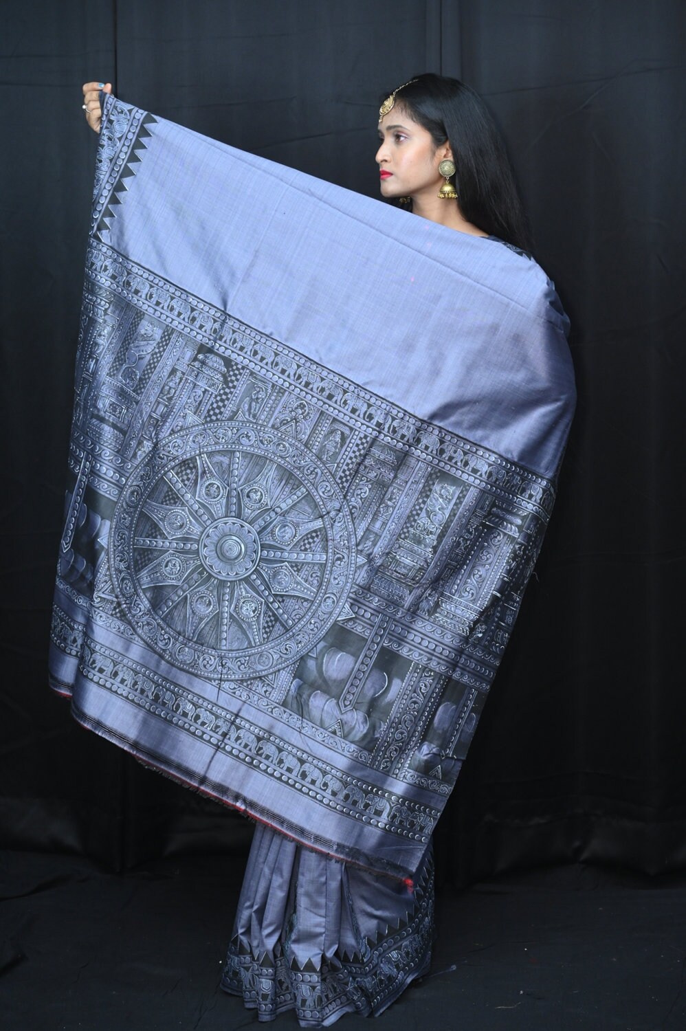 Blackish Grey Konark Chakra Theme Pattachitra Sambalpuri Silk Silk ...