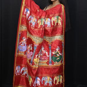 Red Dancer and Elephant Theme Pattachitra Pure Silk Saree-odisha ...