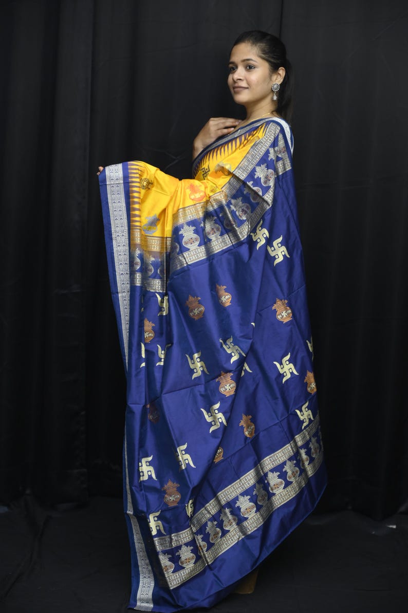 Yellow Blue Swastik Kalash Odisha Ikat Sambalpuri Silk Saree-odisha ...
