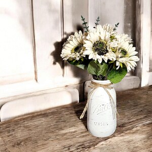 Distressed Ball Jar With White Sunflowers & Eucalyptus, Sunflower ...