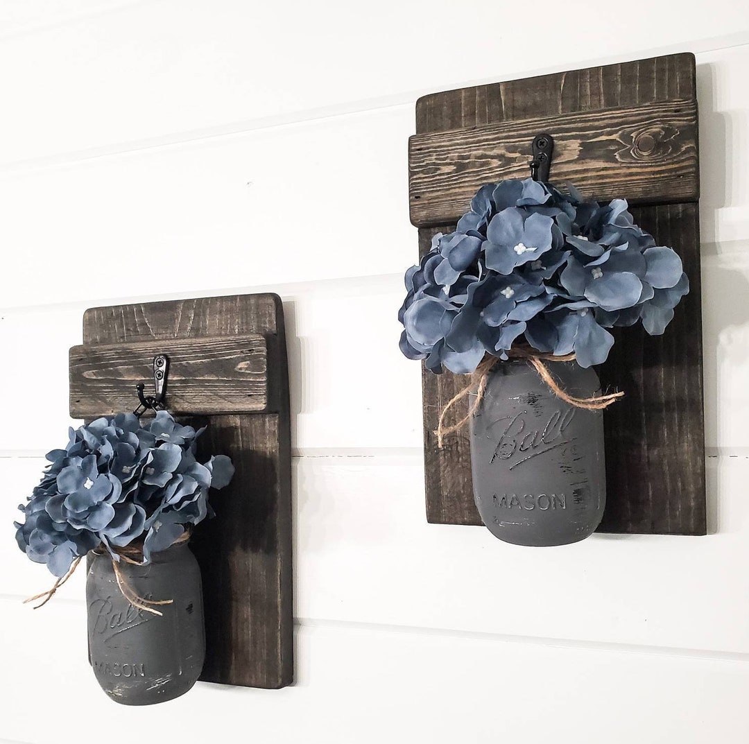 Rustic Hanging Mason Jar Sconce Set With Blue Hydrangea Flower ...