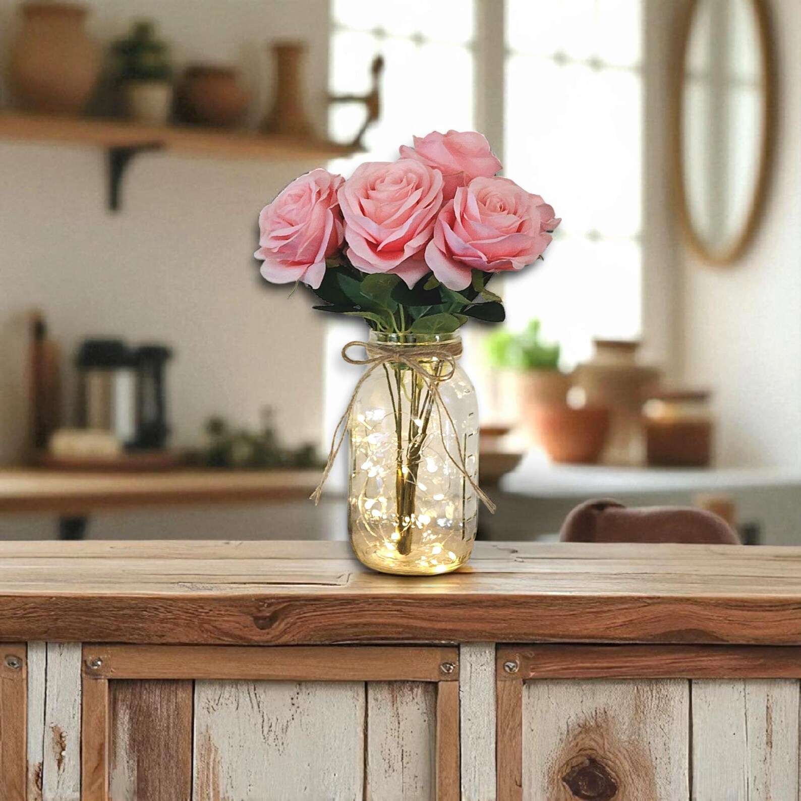 Clear Lit Mason Jar With Pink Roses, Romantic Theme, Farmhouse Wedding ...