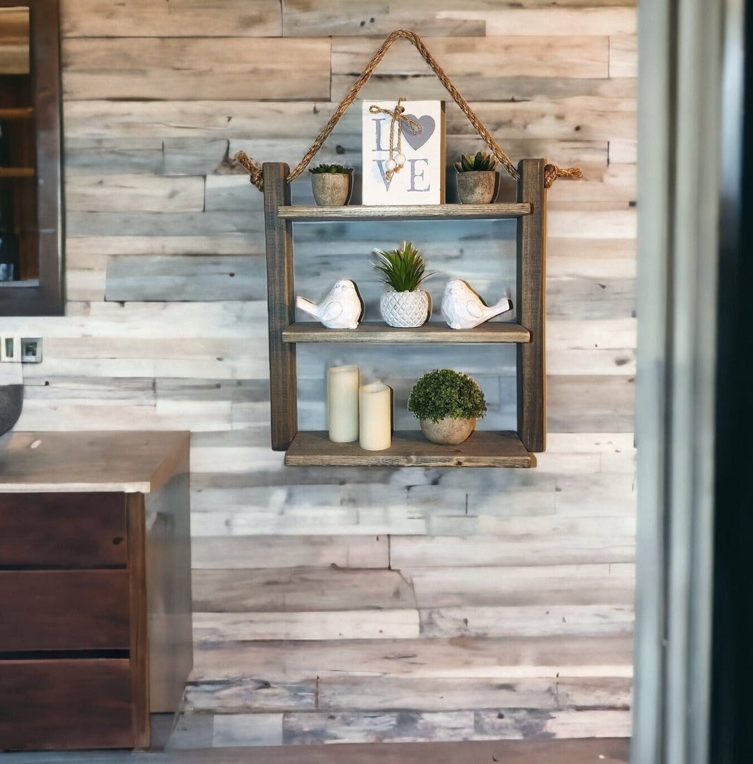 Modern Farmhouse Style, Floating Wood Ladder Shelf, Rustic Wooden Rope ...