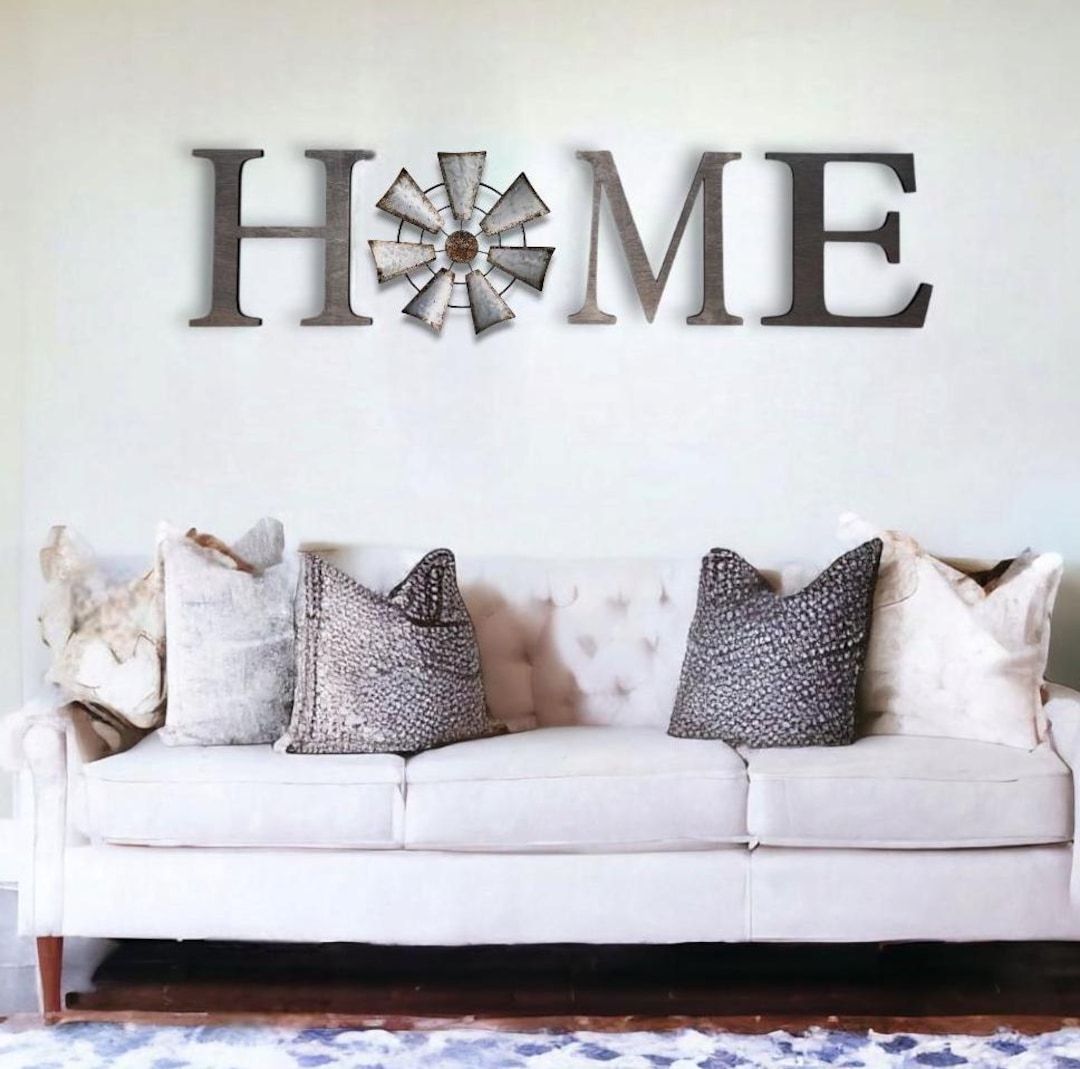 Wood Home Wall Letters & Rustic Metal Windmill, Large Rustic Home Sign ...