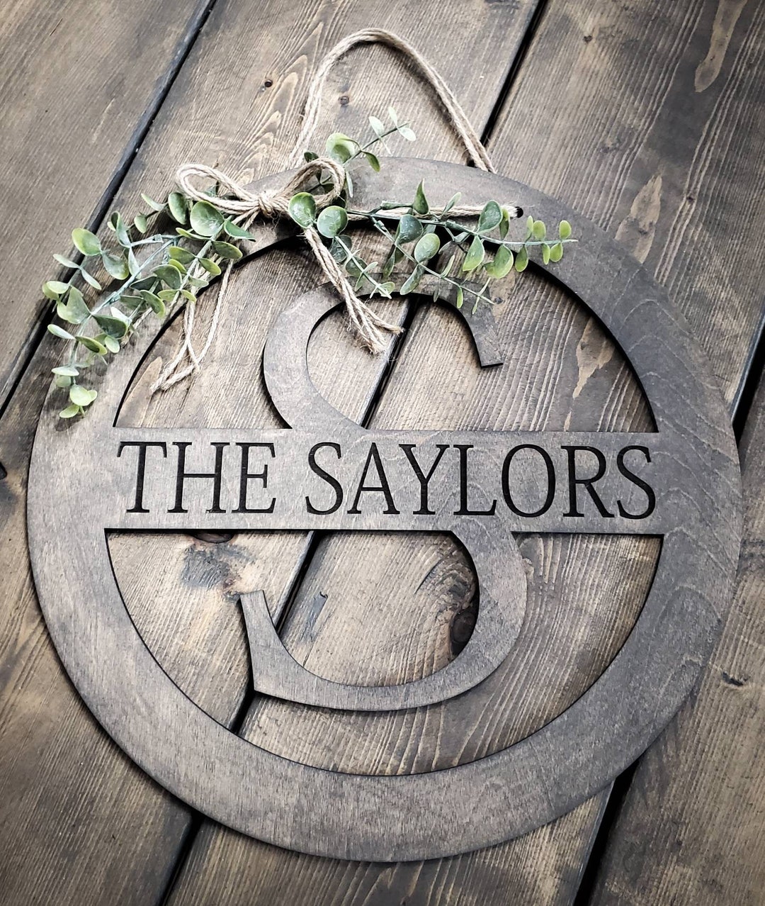 Personalized Monogram Family Name Sign, Wooden Round Last Name Sign ...