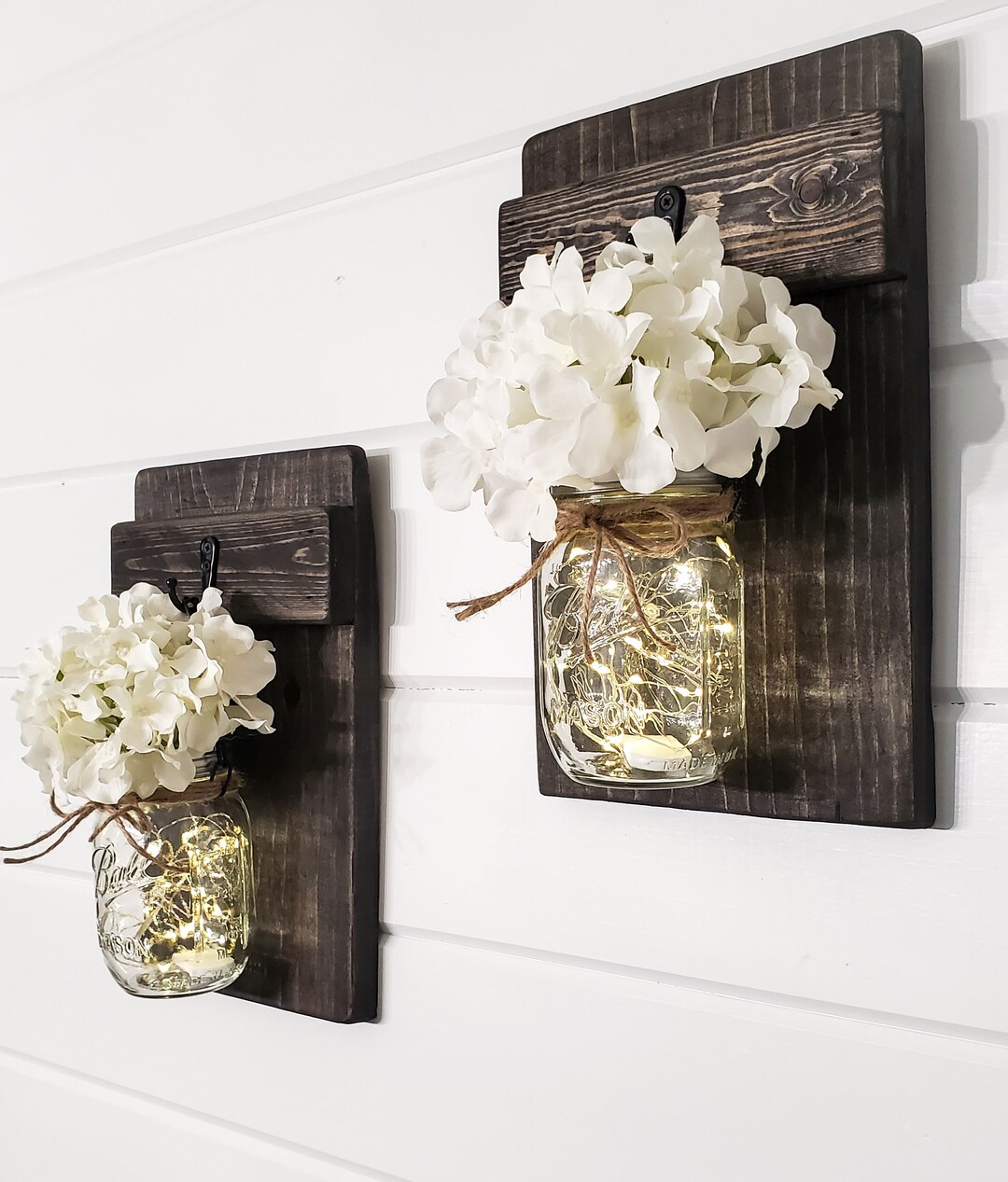 Set of 2 Clear Lit Hanging Mason Jar Sconces With Hydrangea Flowers ...