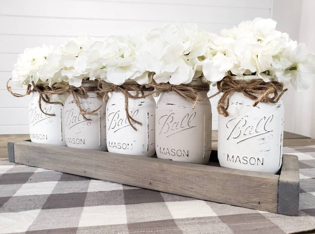 Farmhouse Chic, Mason Jar Centerpiece, Boho, Hydrangea Flower ...