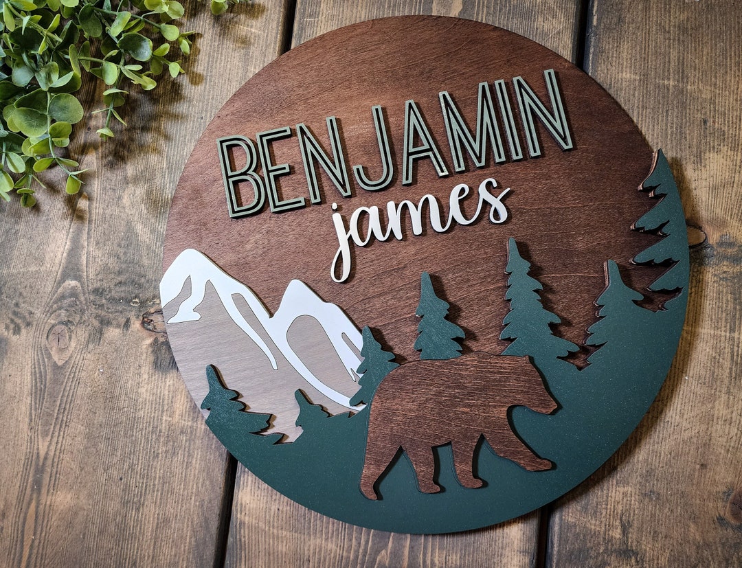 Custom Boys Bear Name Sign, Bear in Woods Wall Decor, Personalized ...