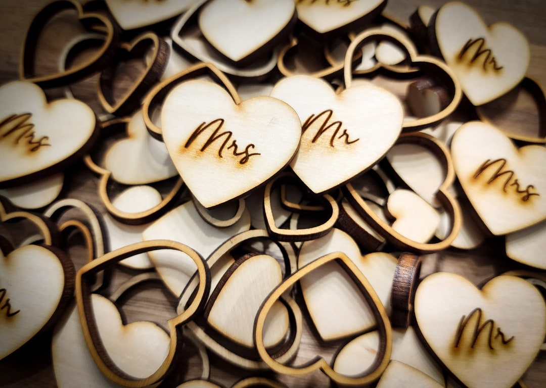 Mr & Mrs Engraved Wooden Heart Confetti, Wood Wedding Confetti, Wedding ...