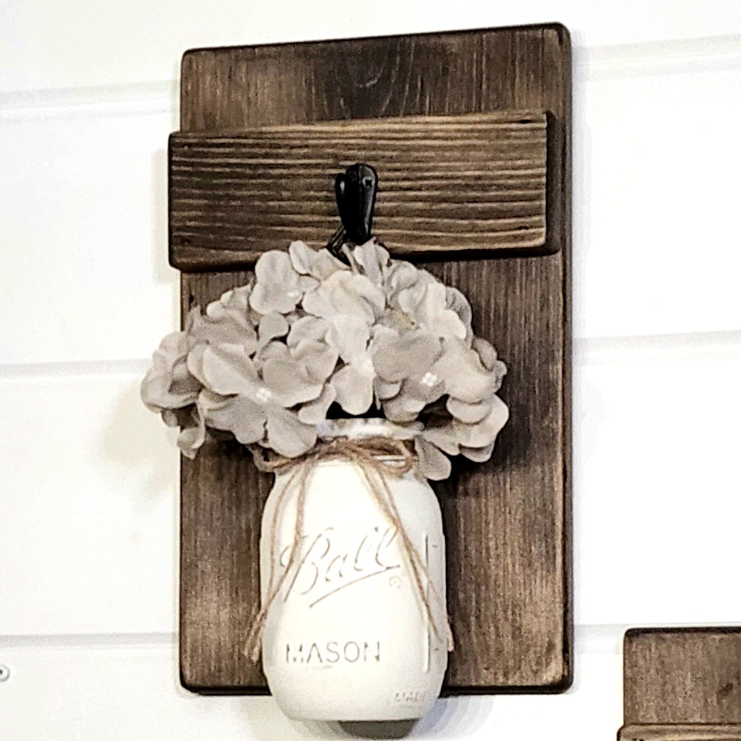 Farmhouse Hanging Mason Jar Sconce Set With Light Brown Hydrangeas ...