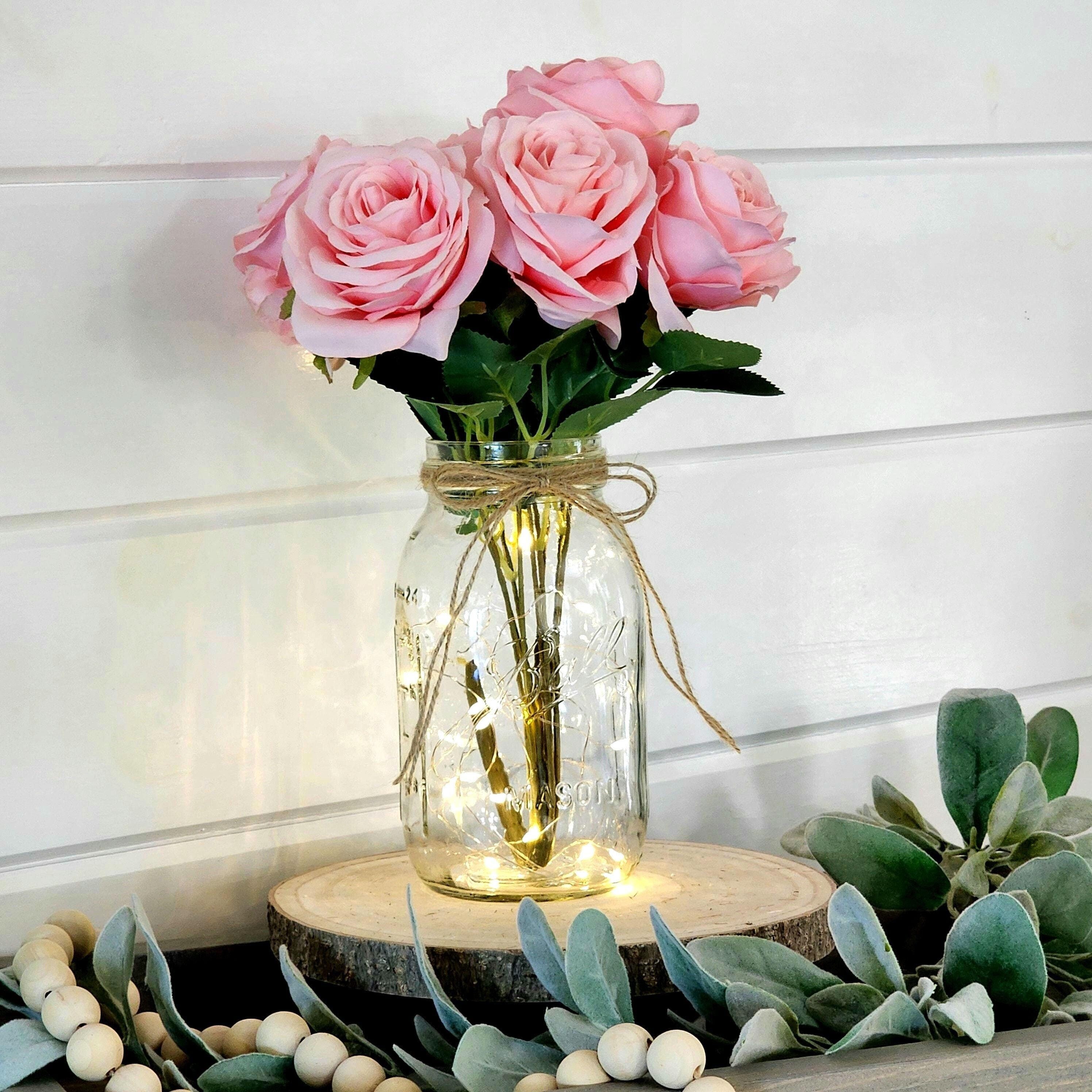 Clear Lit Mason Jar With Pink Roses, Romantic Theme, Farmhouse Wedding ...