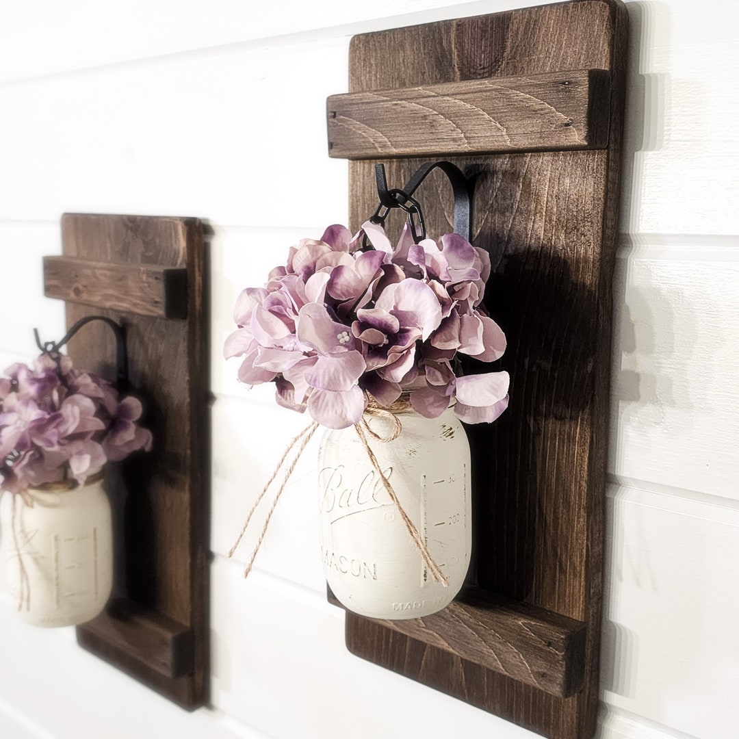 Set of 2 Rustic Wood Wall Hung Sconces With Hanging Mason Jars ...
