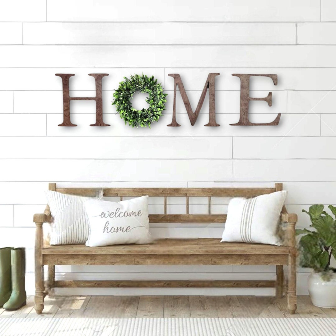 Home Wall Letters & Boxwood Wreath, Wood Wall Letter, Farmhouse Home ...